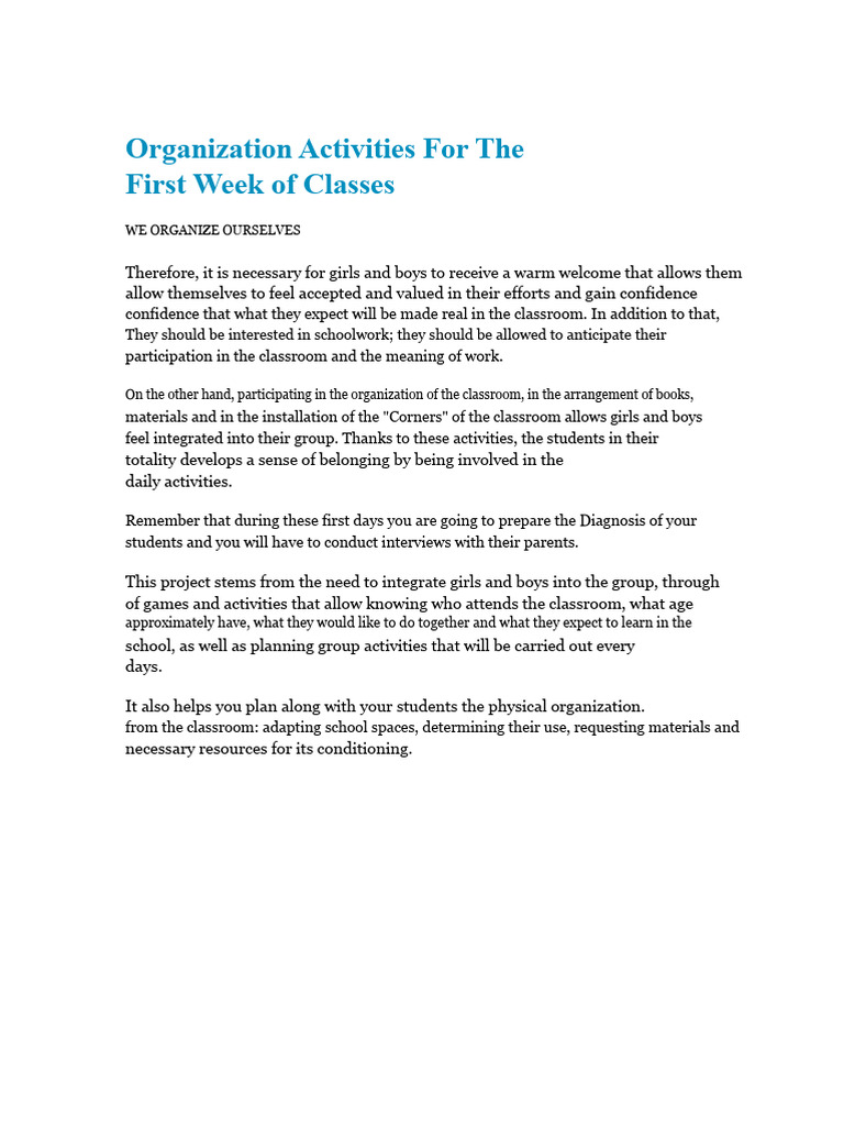 Organization Activities for the First Week of Classes | PDF ...