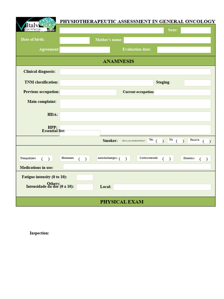 Physical Therapy Assessment Form in General Oncology | PDF