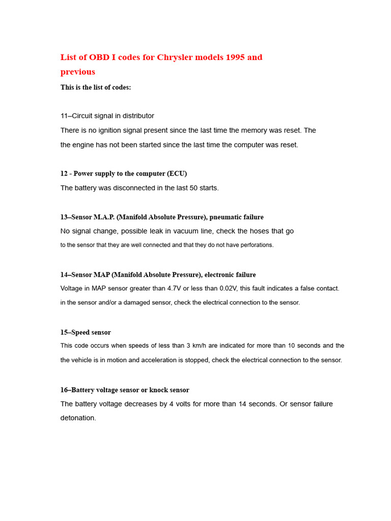 Chrysler OBD I Codes (1995 & Earlier) | PDF | Throttle | Rotating Machines