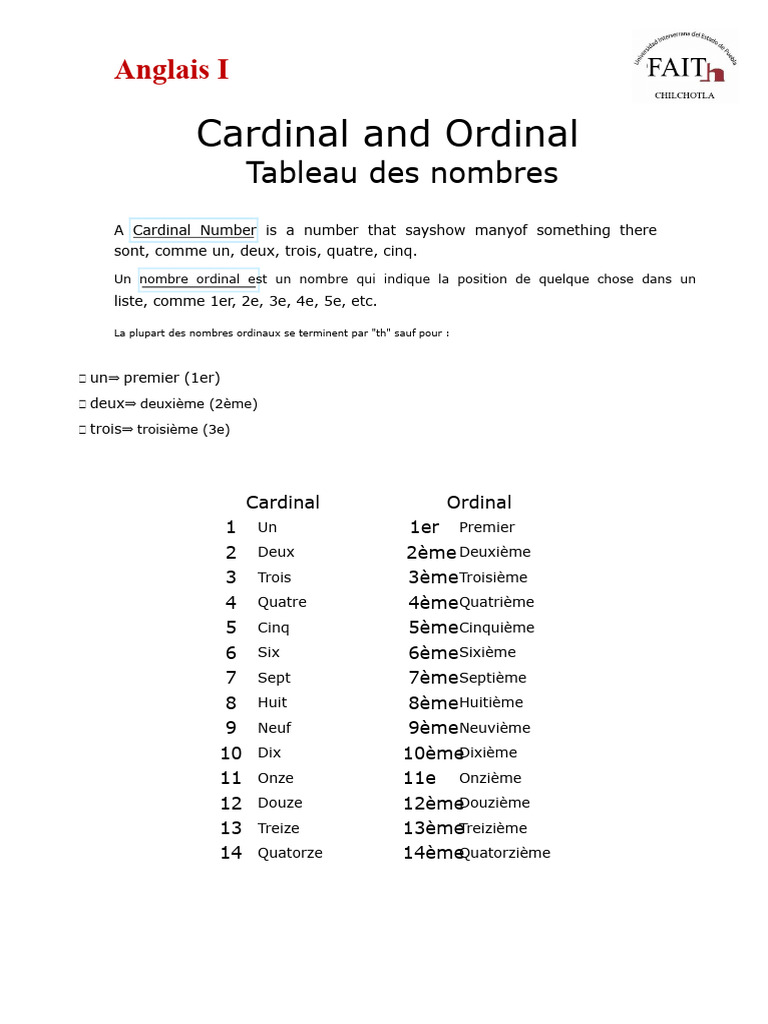 Nombres cardinaux et ordinaux en anglais | PDF