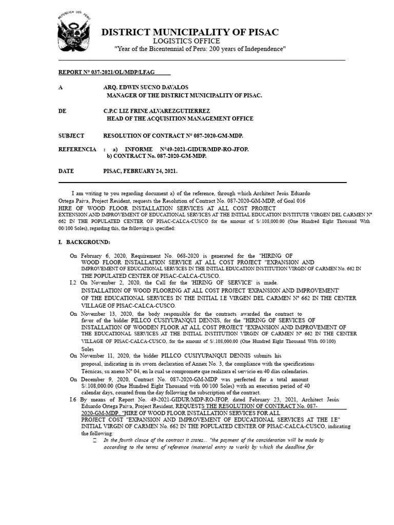 REPORT ON CONTRACT TERMINATION FOR BREACH OF OBLIGATIONS | PDF | Breach ...