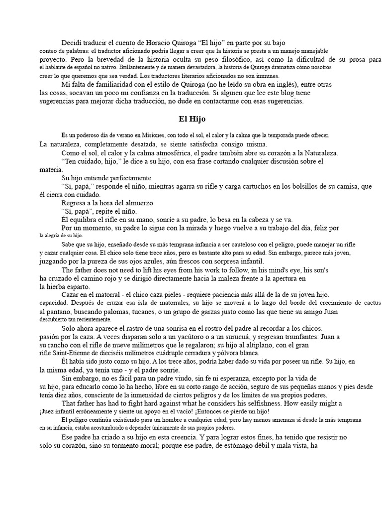 Traducción y análisis de "El hijo" de Quiroga | PDF | Traducciones