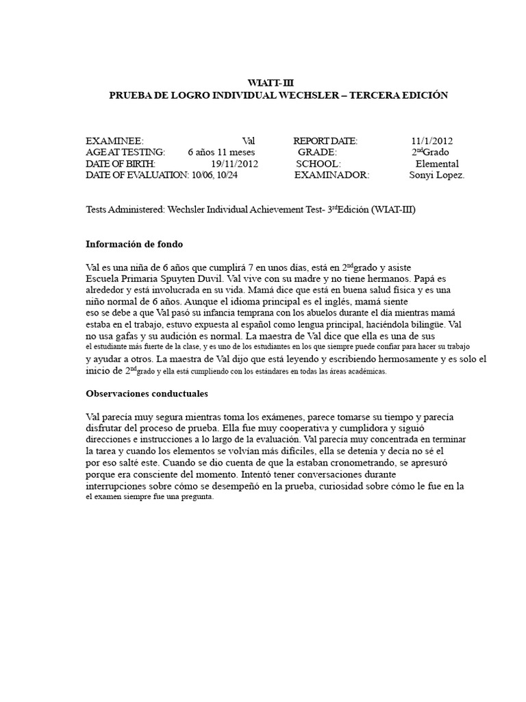 Evaluación WIAT-III de Val, 6 años | PDF