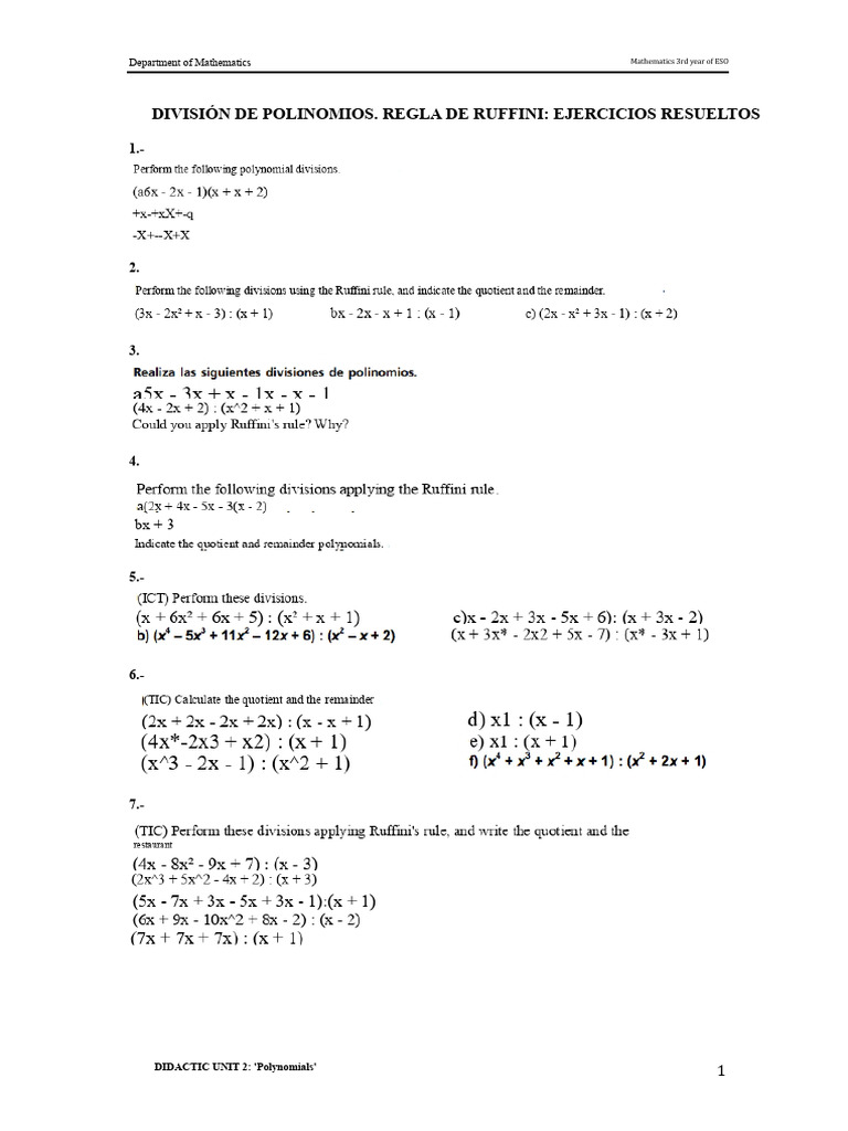 Polynomials and Ruffini's Rule Exercises | PDF