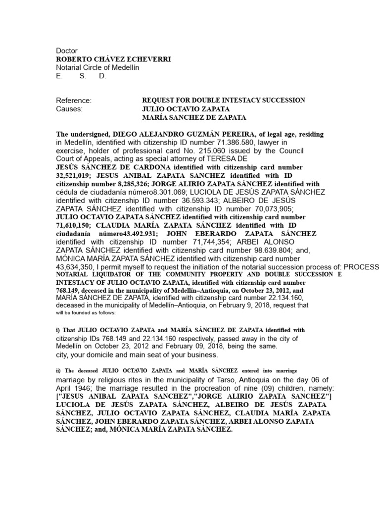 Double Intestate Succession Request Zapata Sanchez | PDF | Birth ...