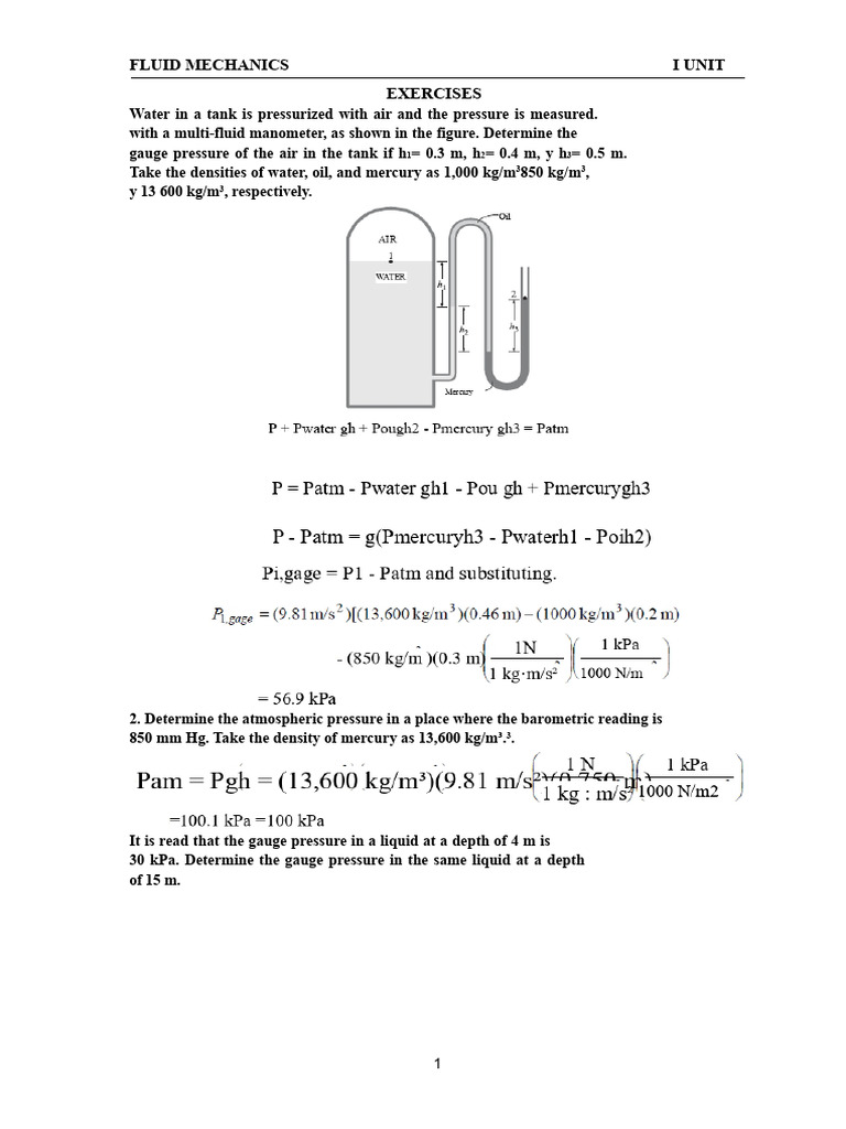 Fluid Mechanics Exercises and Solutions | PDF | Pressure Measurement ...