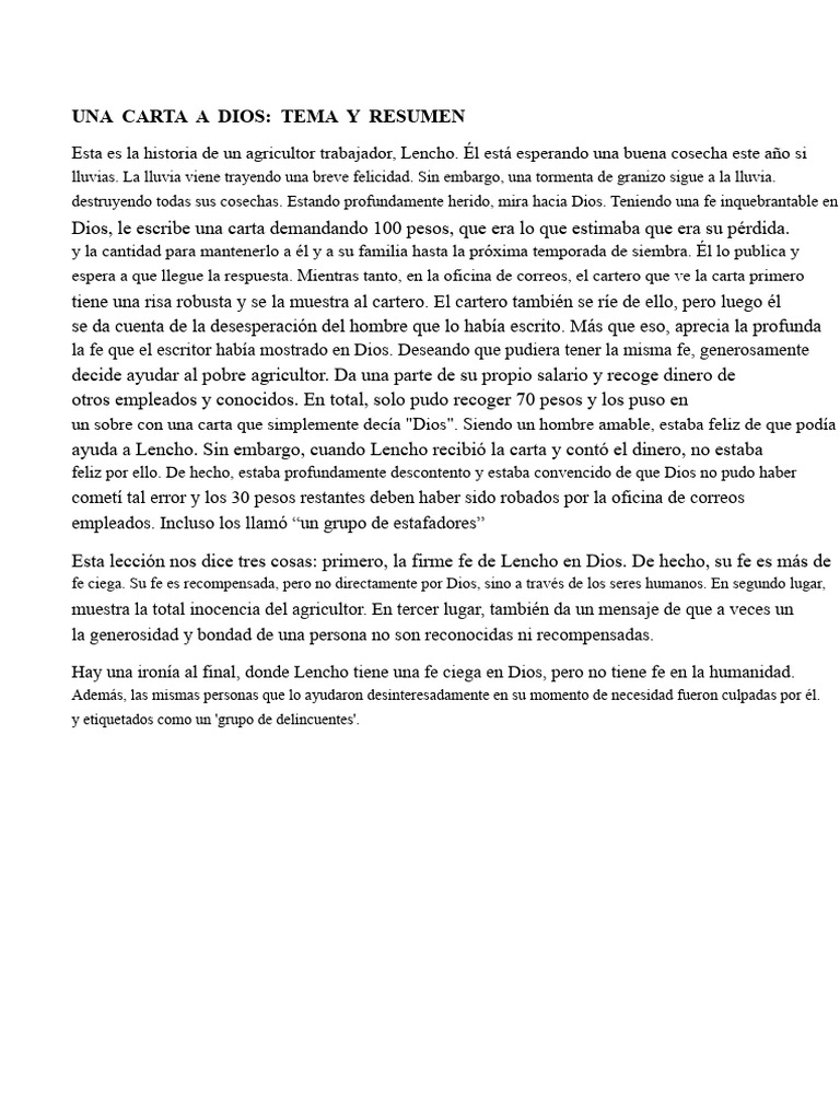 Un Tema y Resumen de "Una Carta A Dios" | PDF