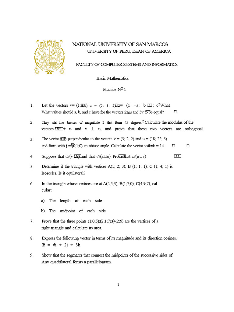 Practice 01 Basic Mathematics UNMSM | PDF | Euclidean Vector | Triangle
