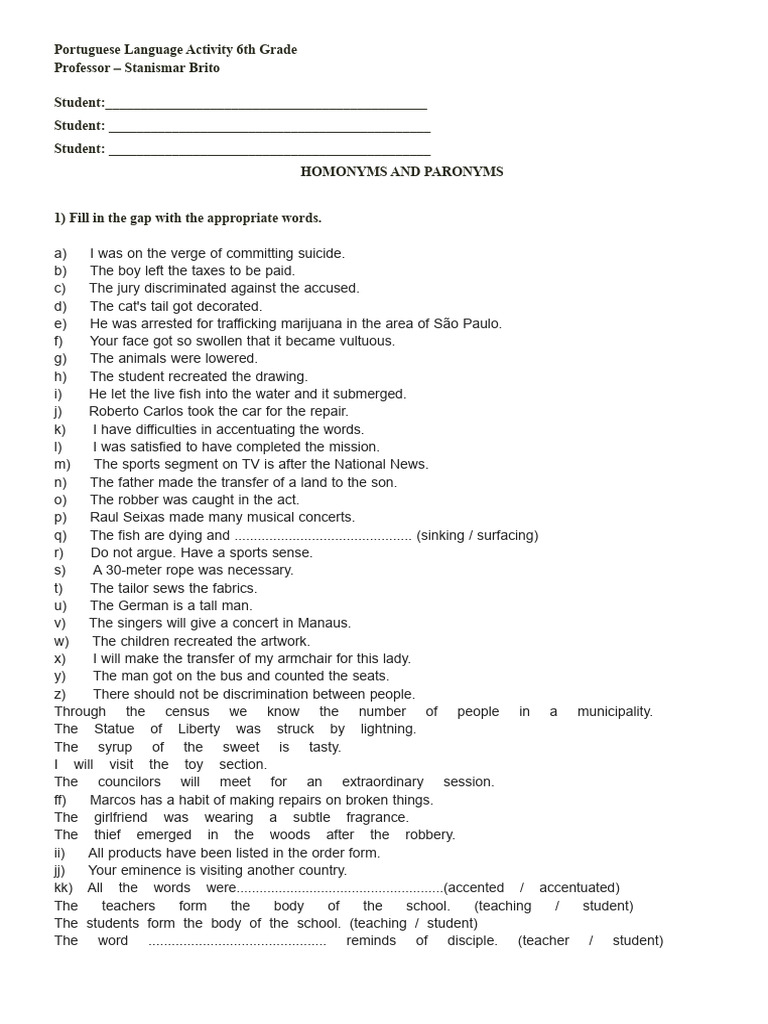 Portuguese Language Activity 6th Grade HOMONYMS | PDF