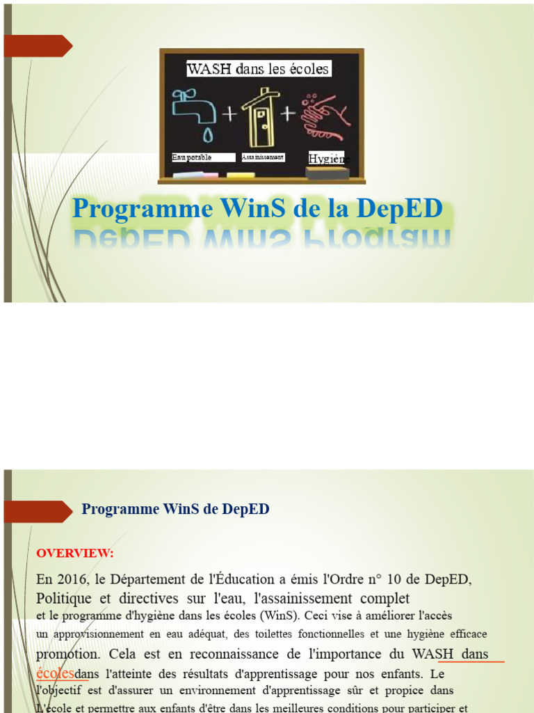 Programme WinS de DepED : Hygiène scolaire | PDF | Assainissement | Hygiène