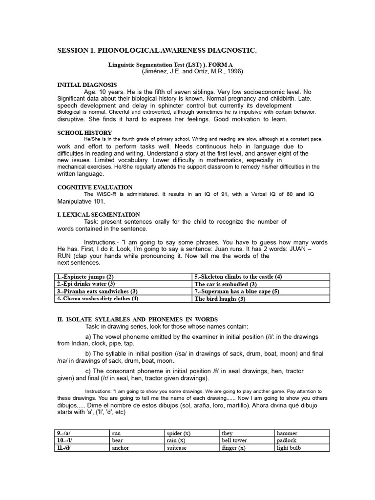 Phonological Awareness Diagnostic Test | PDF | Word | Syllable
