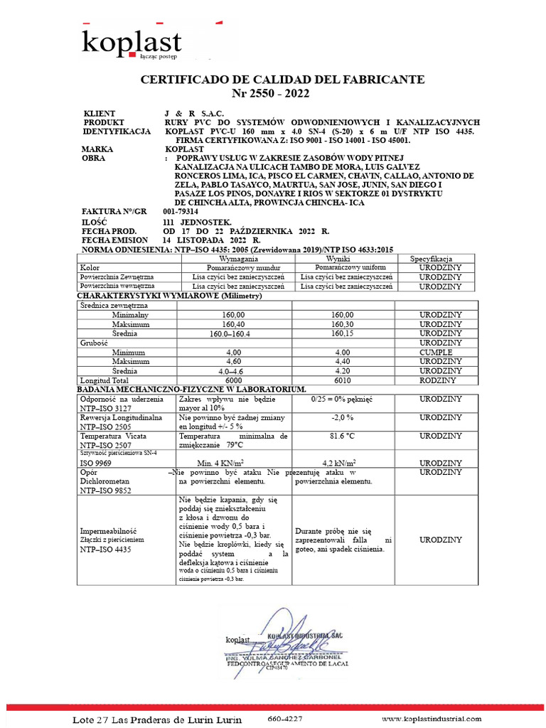 N° 2550-2022 CERTYFIKAT JAKOŚCI RURY PVC-U 160 MM SN-4 (S-20 ...