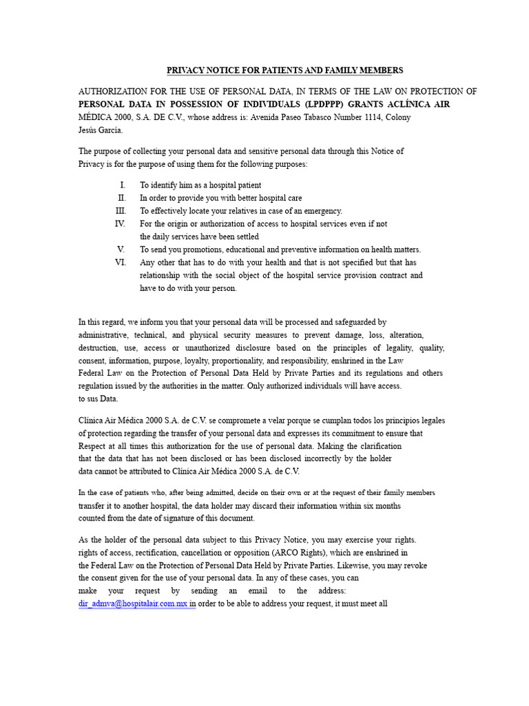 PRIVACY NOTICE FOR PATIENTS AND FAMILY MEMBERS IN A HOSPITAL | PDF ...