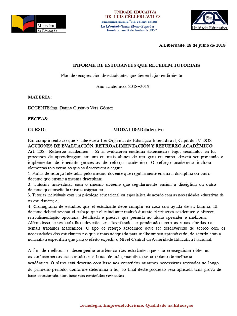 Plano de Reforço Acadêmico 2018-2019 | PDF | Aprendizado | Lição