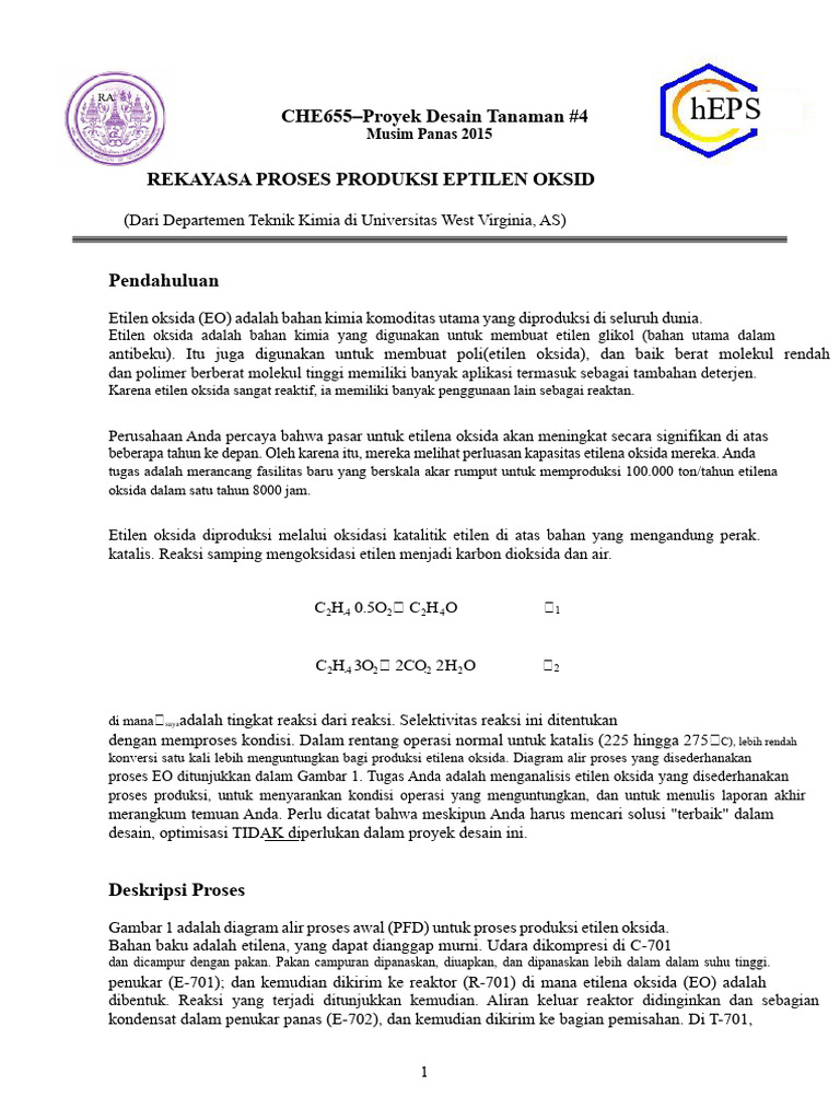 Desain Proses Produksi Etilena Oksida PDF | PDF