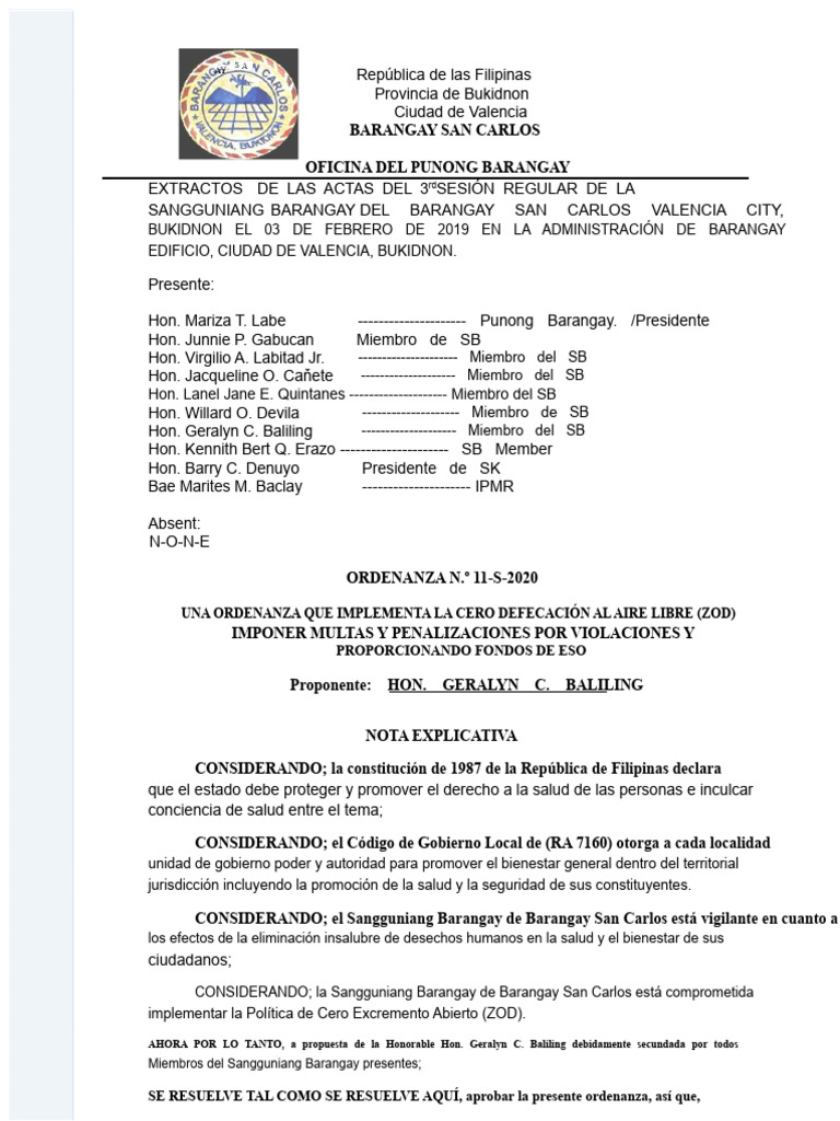 Ordenanza ZOD en Barangay San Carlos | PDF | Multa (pena) | Saneamiento