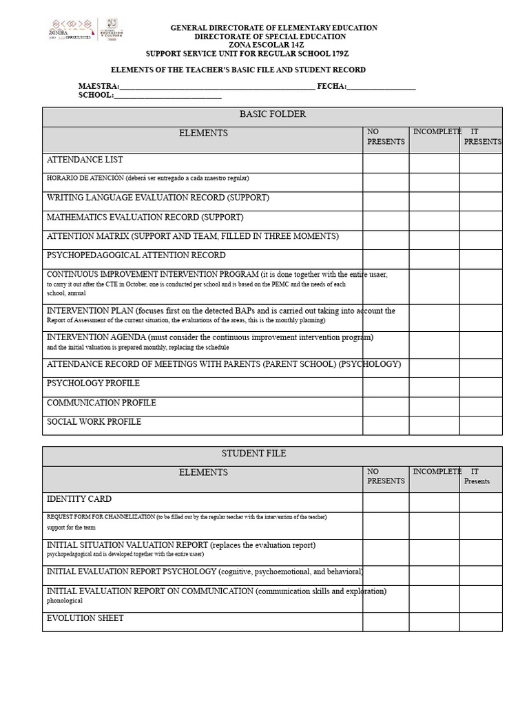 BASIC FOLDER ELEMENTS AND STUDENT FILE | PDF | Psychology | Cognitive ...