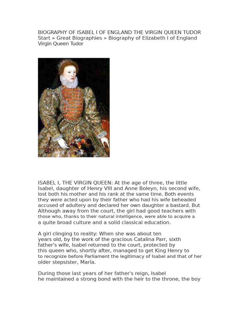 Biography of Isabel I of England The Virgin Queen Tudor | PDF | House ...