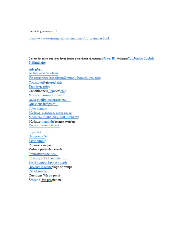 Sujets de grammaire pour le niveau B1 | PDF