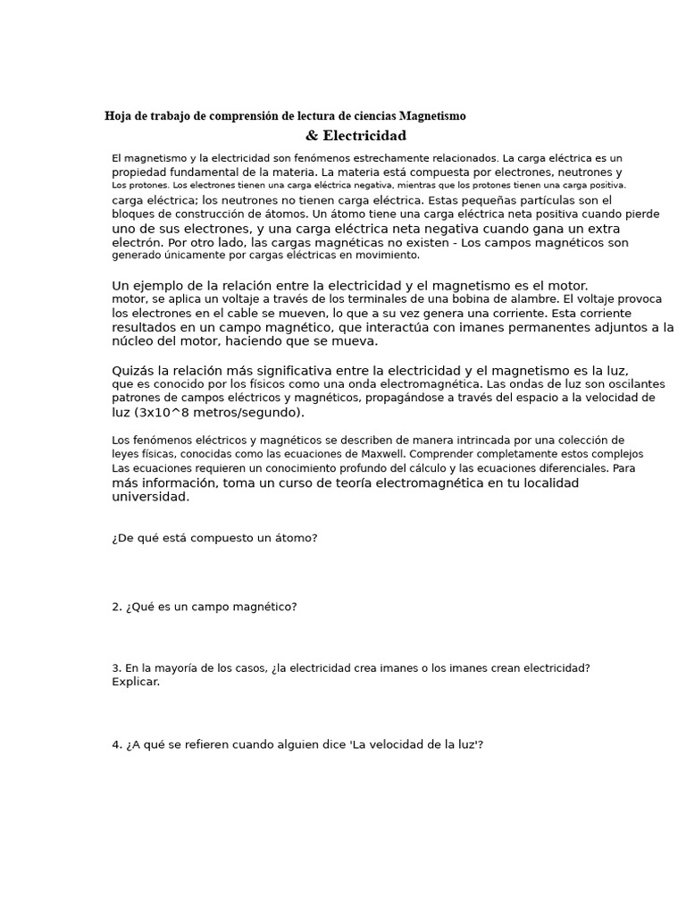 Hoja de trabajo de comprensión de lectura - 10° grado | PDF | Imán ...
