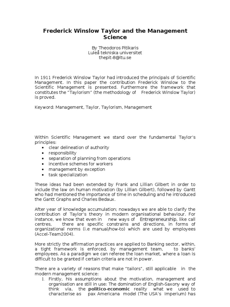 Frederick Winslow Taylor and The Management Science | PDF | Labour ...