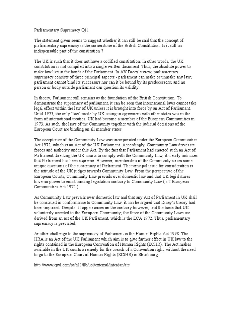 Parliamentary Supremacy Q11 | PDF | Parliament Of The United Kingdom ...