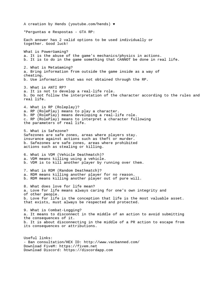 Questions and Answers - GTA RP (1) | PDF