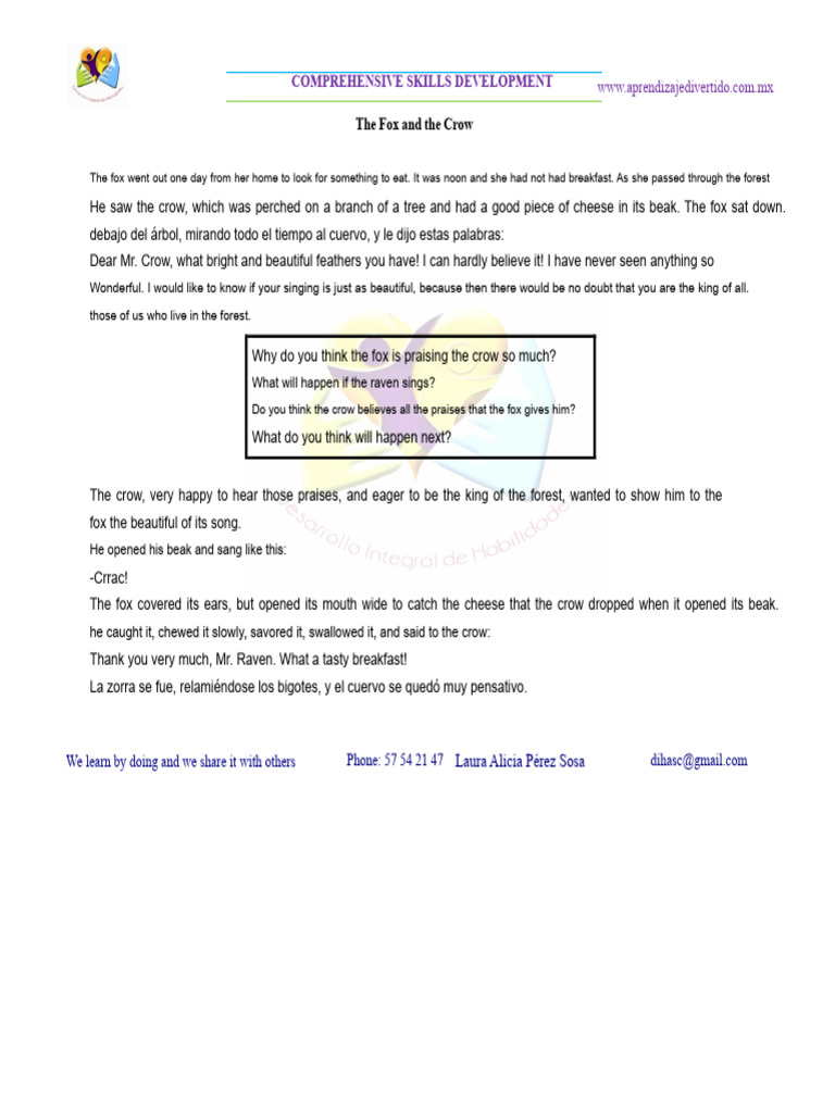 Reading Comprehension The Fox and The Crow | PDF