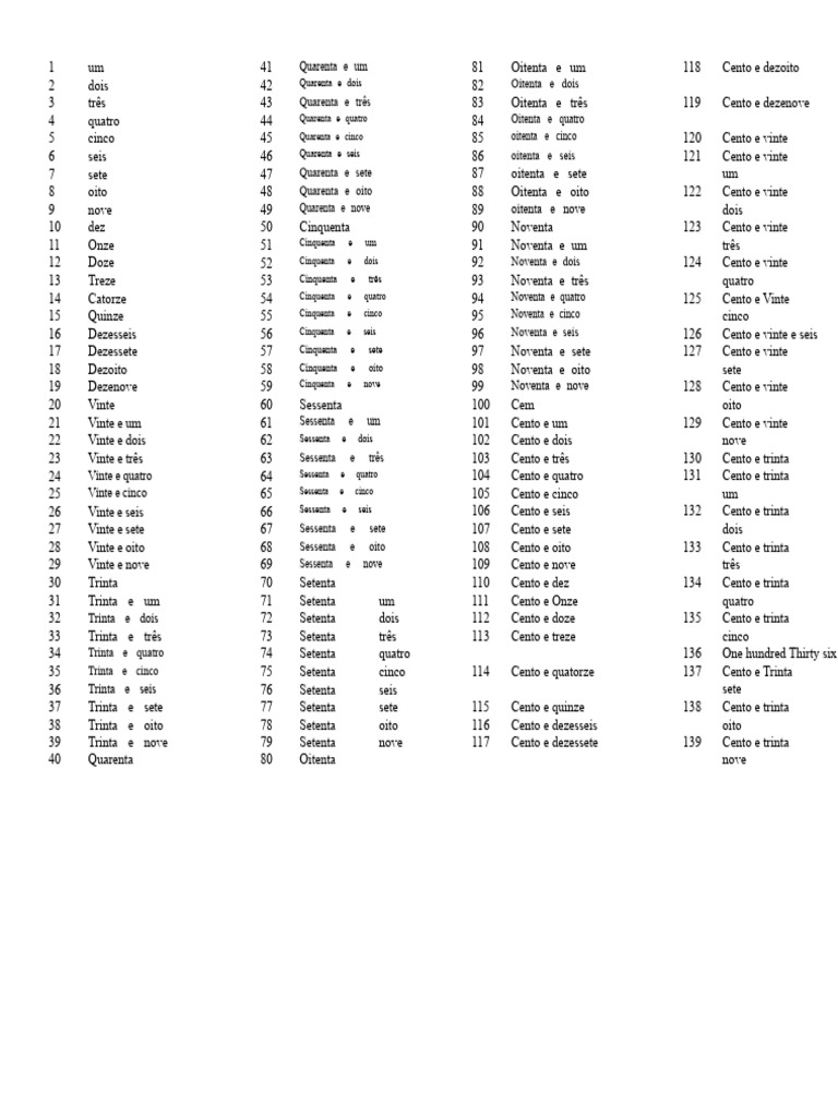 Números de 1 a 400 em Português | PDF