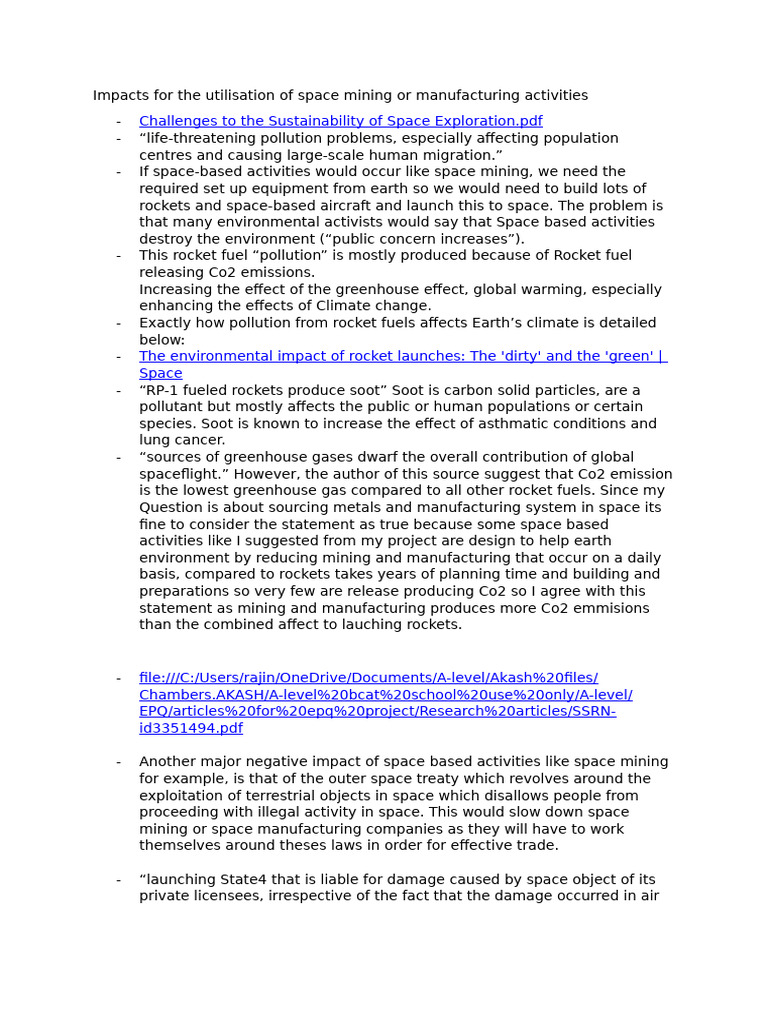 Impacts For The Utilisation of Space Mining or Manufacturing Activities ...