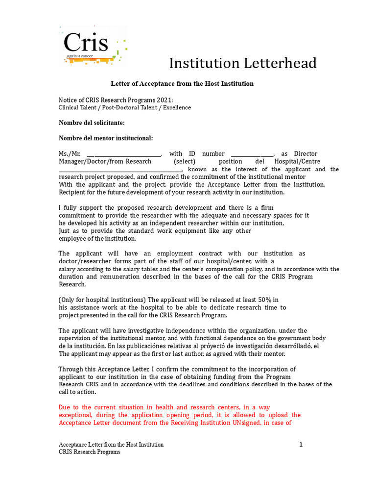 Host Institution Acceptance Letter for CRIS Programs | PDF | Salary ...