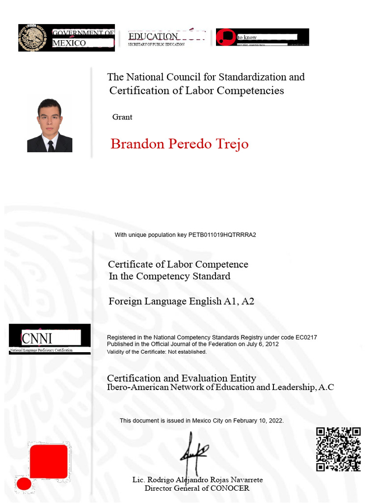 Certificate of Labor Competence: English A1, A2 | PDF
