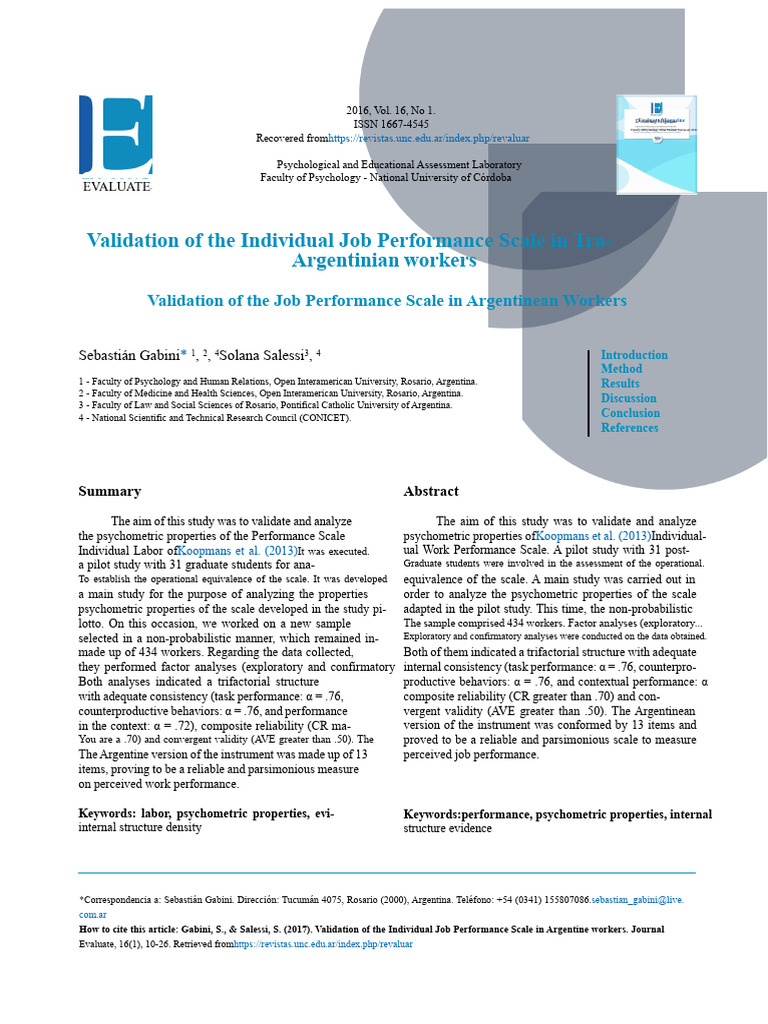 Validation of The Individual Work Performance Scale in Argentine ...