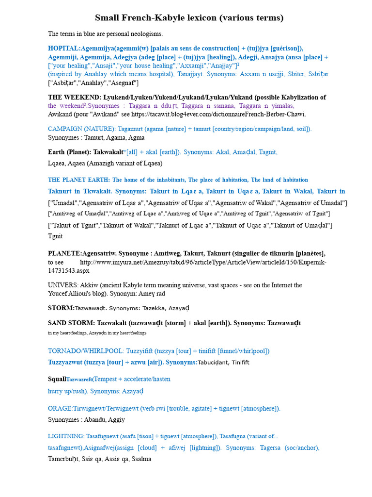 Small French and Kabyle Lexicon (Various Terms) | PDF