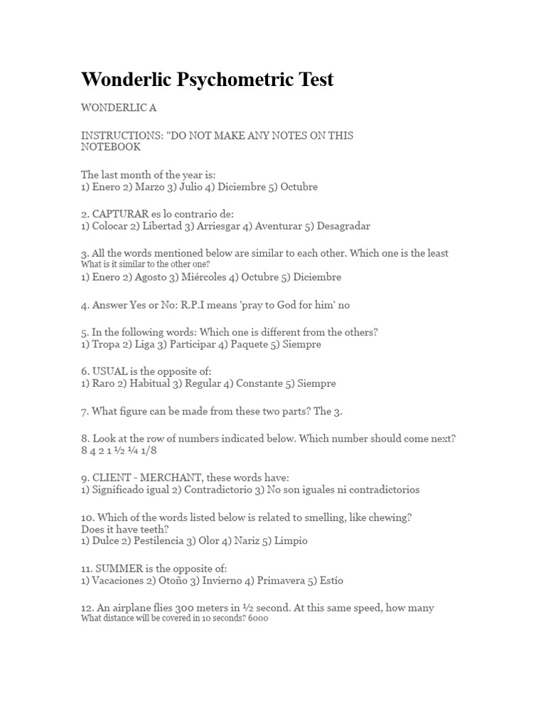 Wonderlic Psychometric Test | PDF
