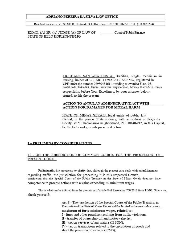 Legal Action to Annul Traffic Fine | PDF | Negligence | Damages