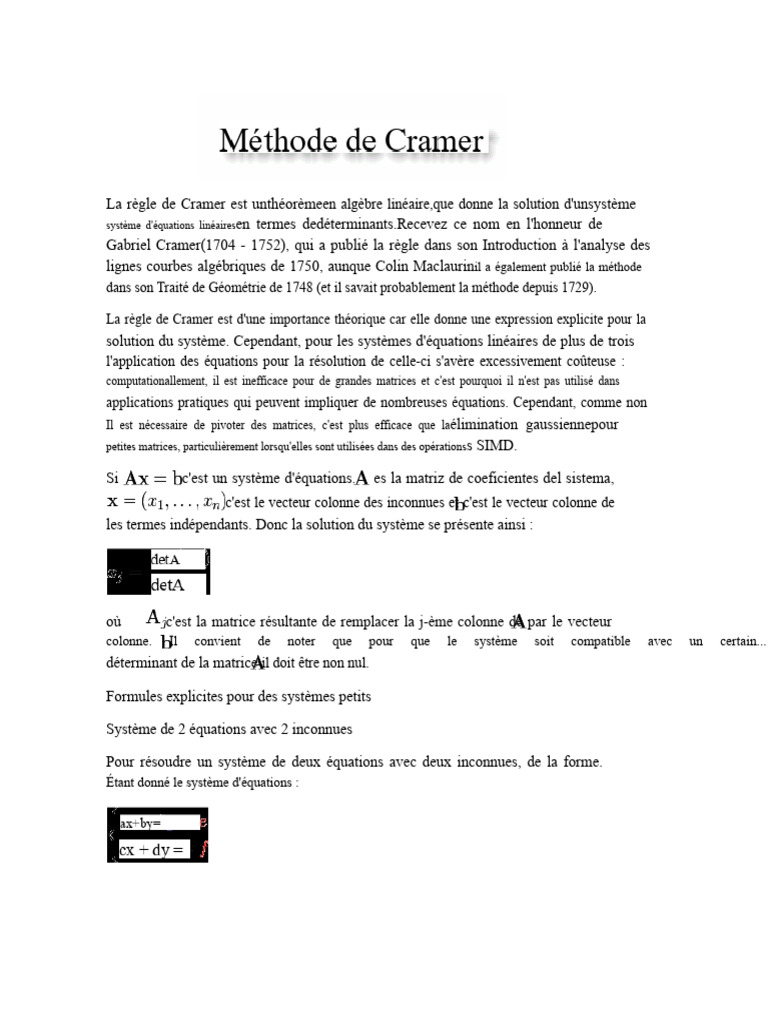 Règle de Cramer : Résolution d'équations | PDF | Déterminant | Matrice ...