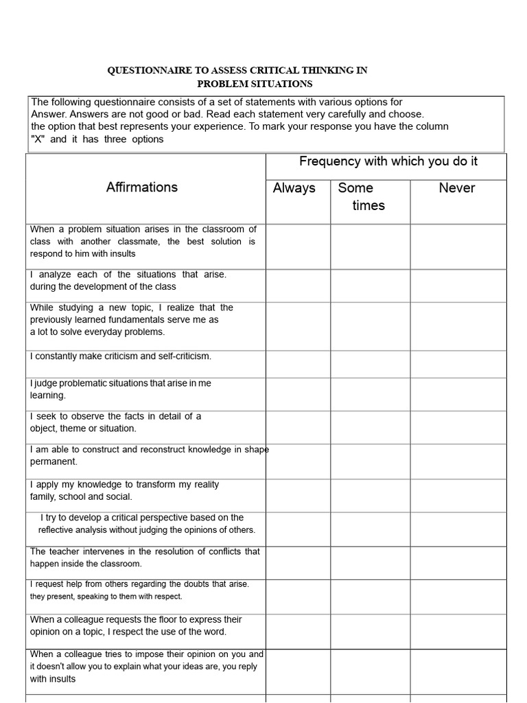 Critical Thinking Questionnaire | PDF