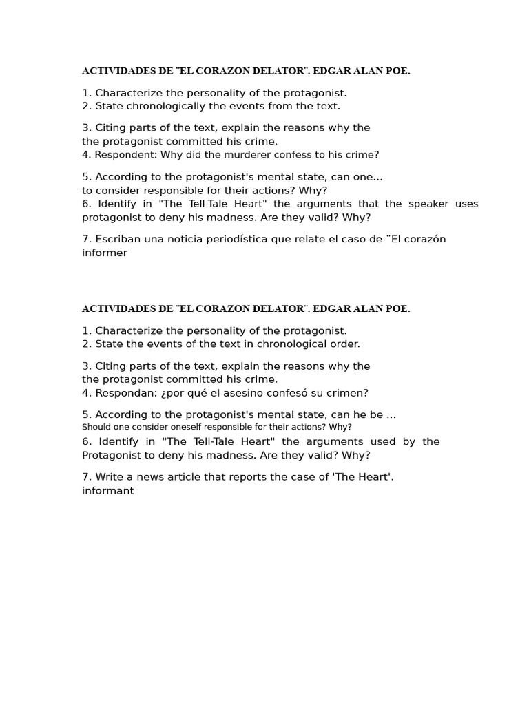 Activities of The Tell-Tale Heart by Edgar A. Poe | PDF