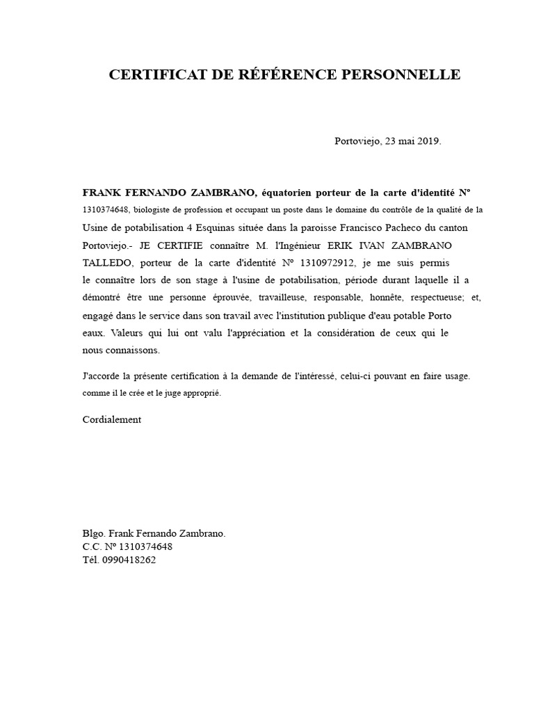 Certificat de référence personnelle | PDF