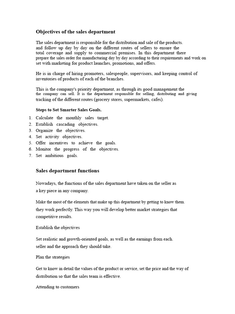 Sales Department Objectives and Strategies | PDF | Sales | Marketing
