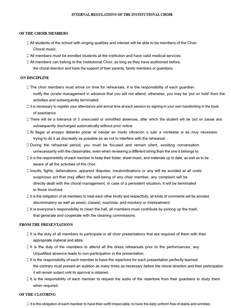 Internal Regulations of The Institutional Choir | PDF | Choir