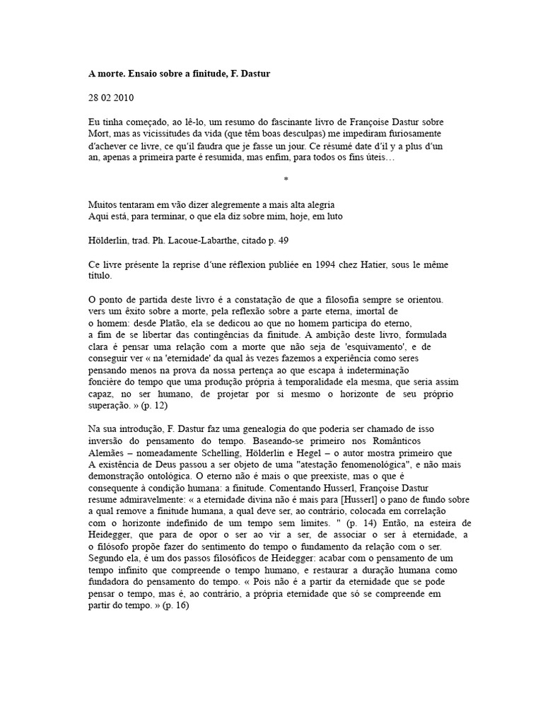 Françoise Dastur, A morte. Ensaio sobre a finitude | PDF | Tragédia | Morte