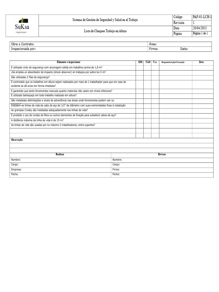 Lista de Verificação para Trabalho em Altura | PDF