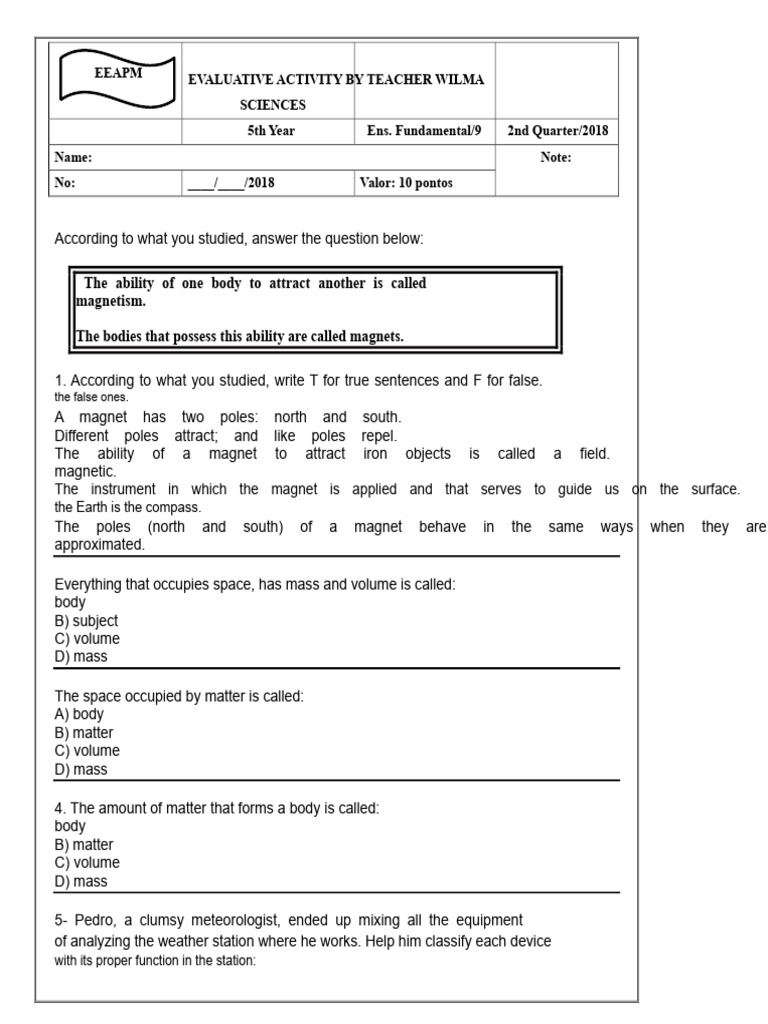 Bimonthly Science Exam of the 1st Bimonthly Period | PDF | Magnet ...