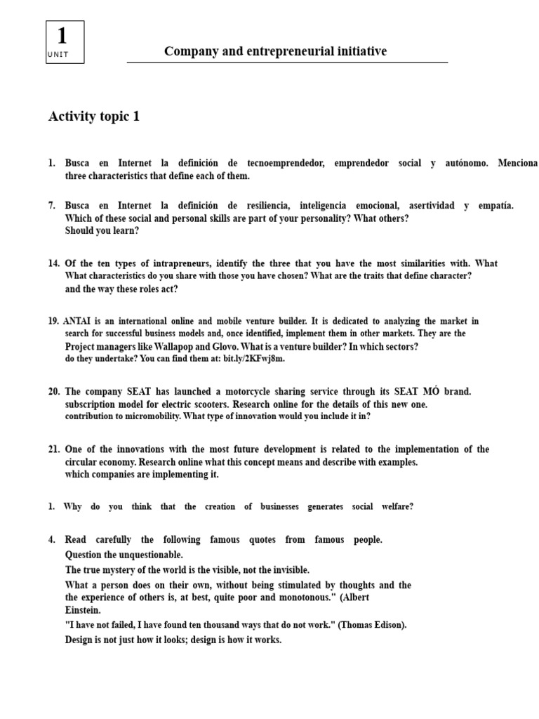 Activities Topic 1 I Want To Start My Own Business | PDF ...
