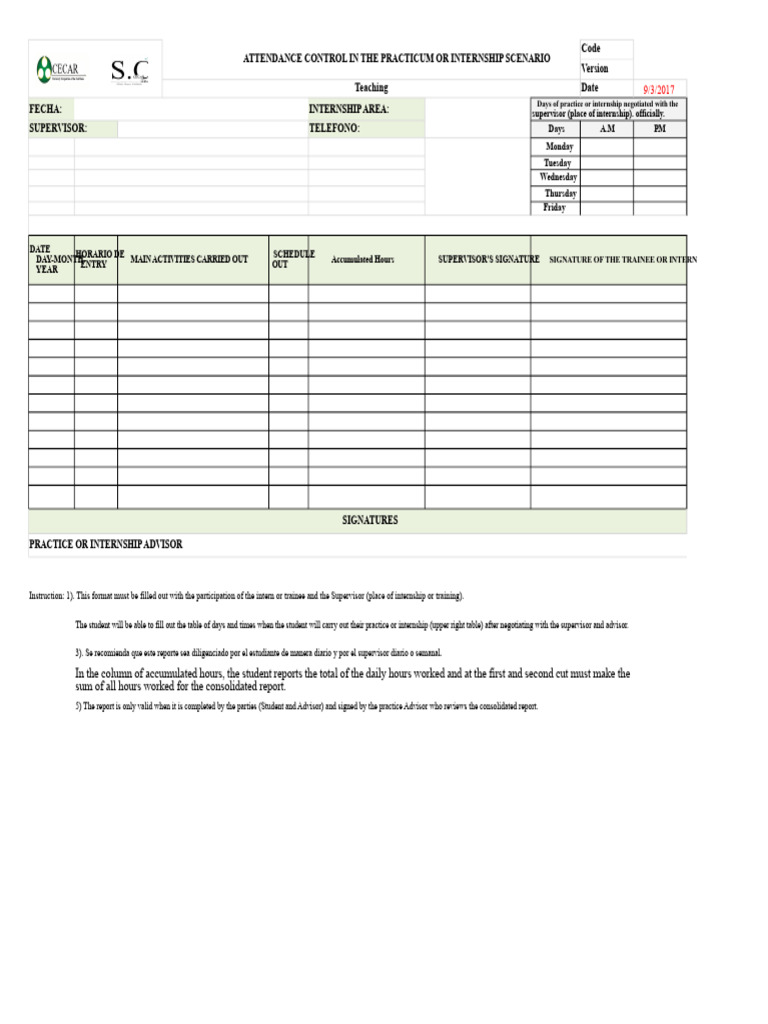 Internship Attendance Control Template | PDF
