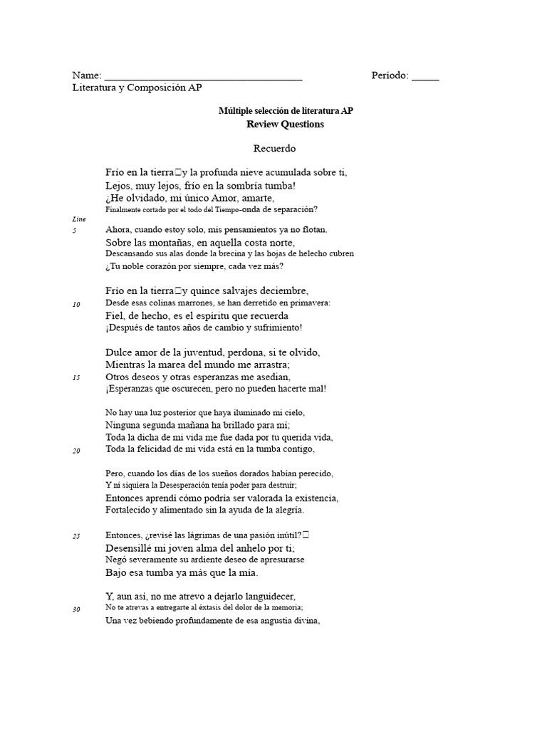 Revisión de preguntas de opción múltiple de AP Lit 1.docx | PDF | Amor ...