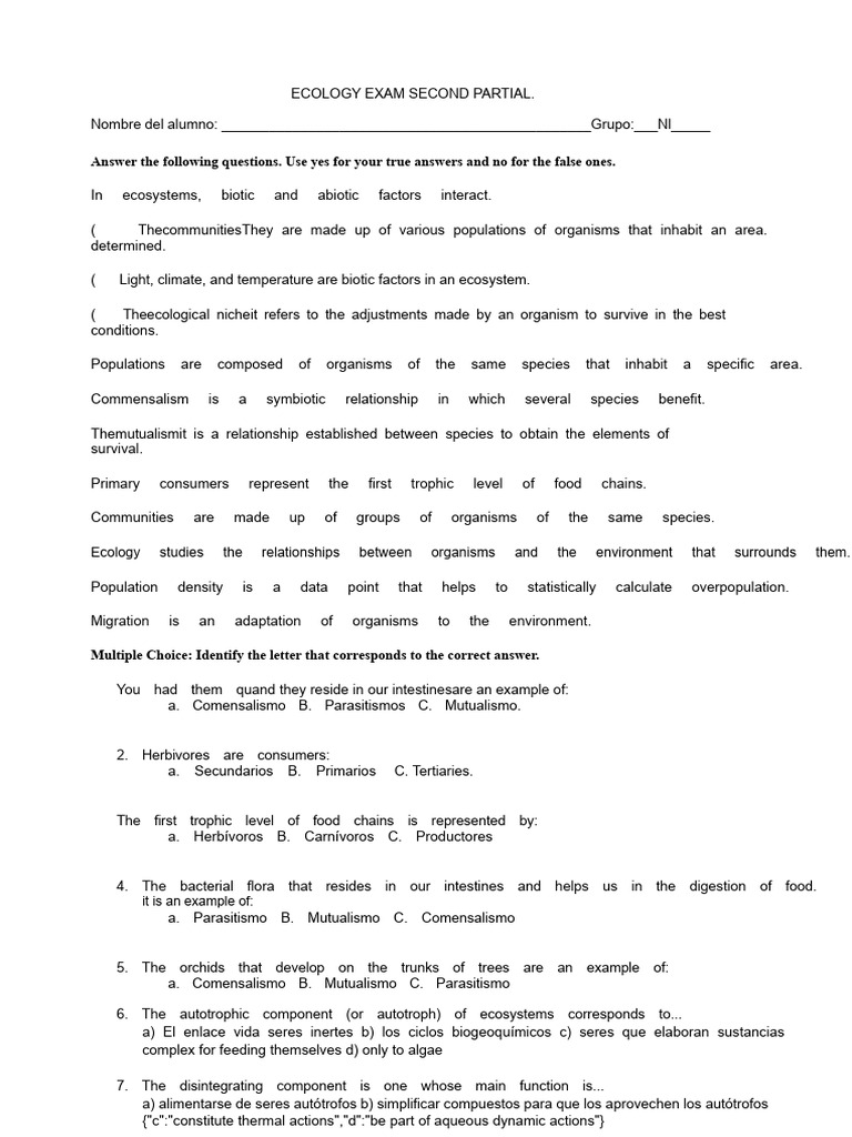 Ecology Exam: Biotic and Abiotic Factors | PDF | Ecology | Ecosystem