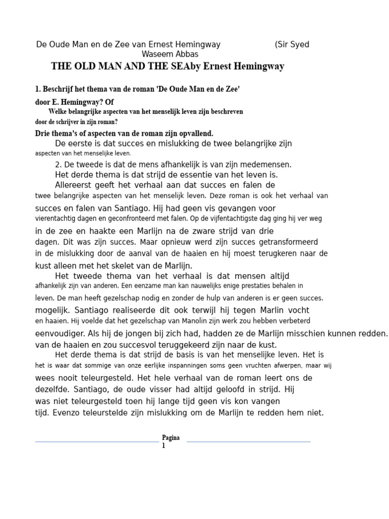 De Oude Man en de Zee Van Ernest Hemingway | PDF